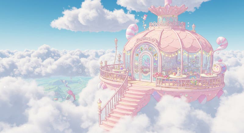 Whimsical Candy-themed Café Floats among Fluffy Clouds. Rounded Pink ...