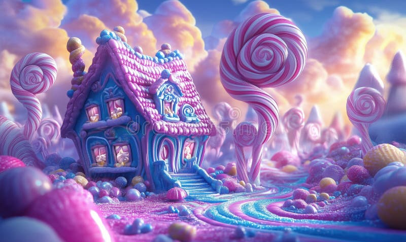 Whimsical Candy House Surrounded Colorful Sweets Fluffy Clouds Stock ...