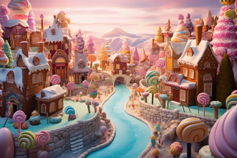Whimsical Candy Village with Gingerbread Houses and Icing Covered Trees ...
