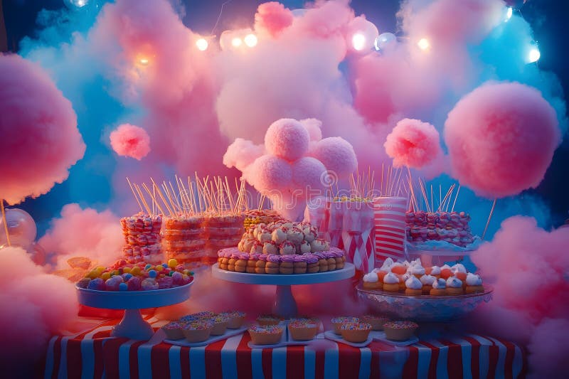 Whimsical Candyland Dessert Table with Colorful Cotton Candy Clouds ...
