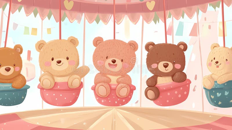 A Whimsical Carousel Featuring Cute Teddy Bears in Colorful Cups ...