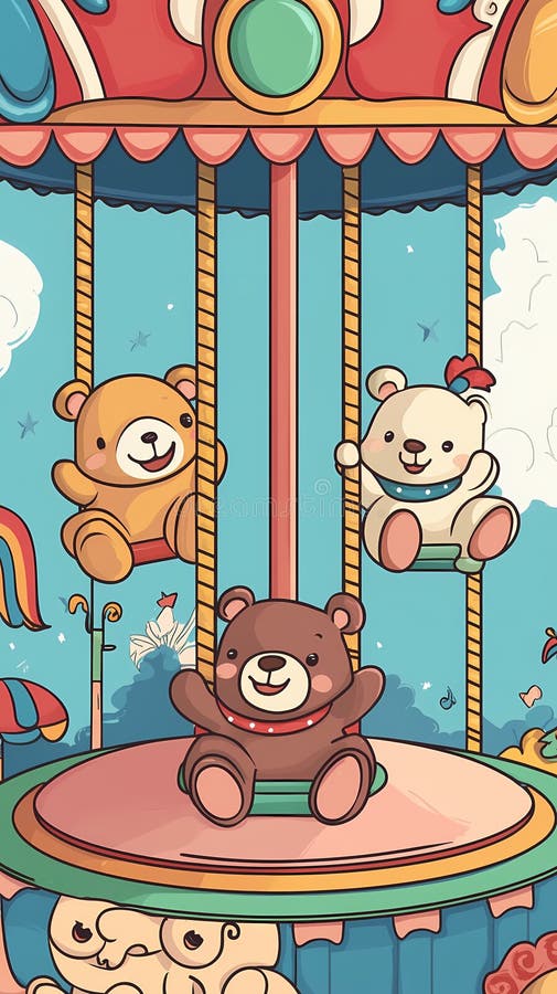 A Whimsical Carousel Featuring Three Cheerful Teddy Bears on Swings in ...