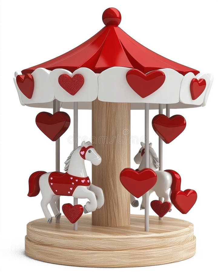 Whimsical Carousel with Red Hearts and White Horses, Perfect for Decor ...