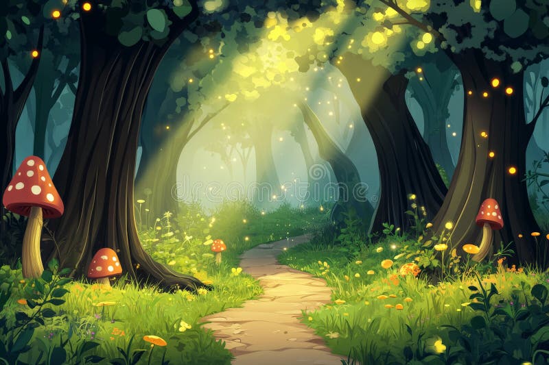 A Whimsical Cartoon Backdrop of a Dense Forest with Towering Trees, a ...