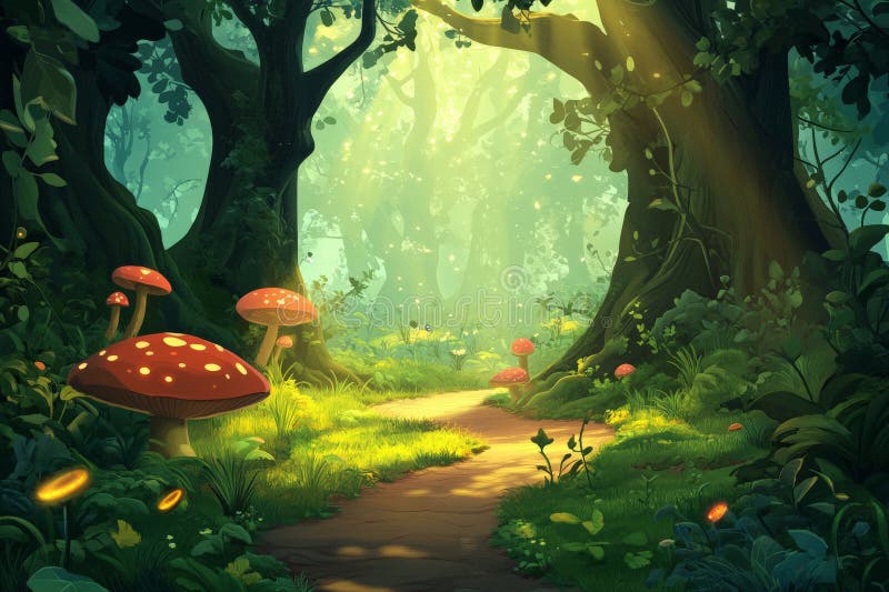 A Whimsical Cartoon Backdrop of a Dense Forest with Towering Trees, a ...