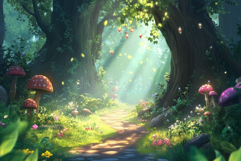 A Whimsical Cartoon Backdrop of a Dense Forest with Towering Trees, a ...