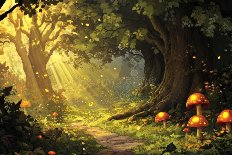 A Whimsical Cartoon Backdrop of a Dense Forest with Towering Trees, a ...