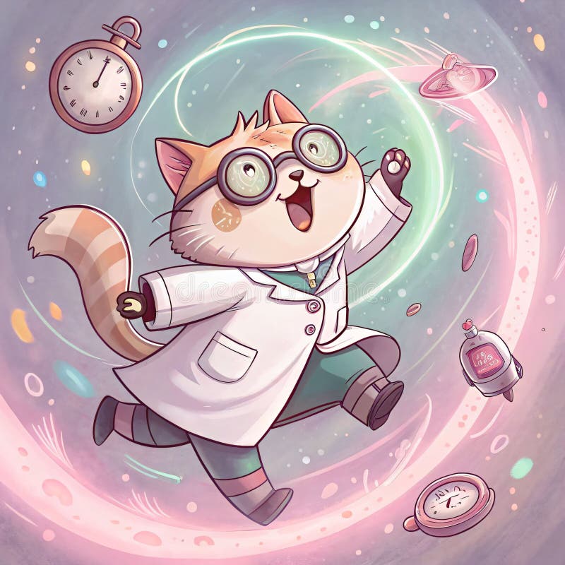 Whimsical Cartoon Cat Scientist in Motion Stock Illustration ...
