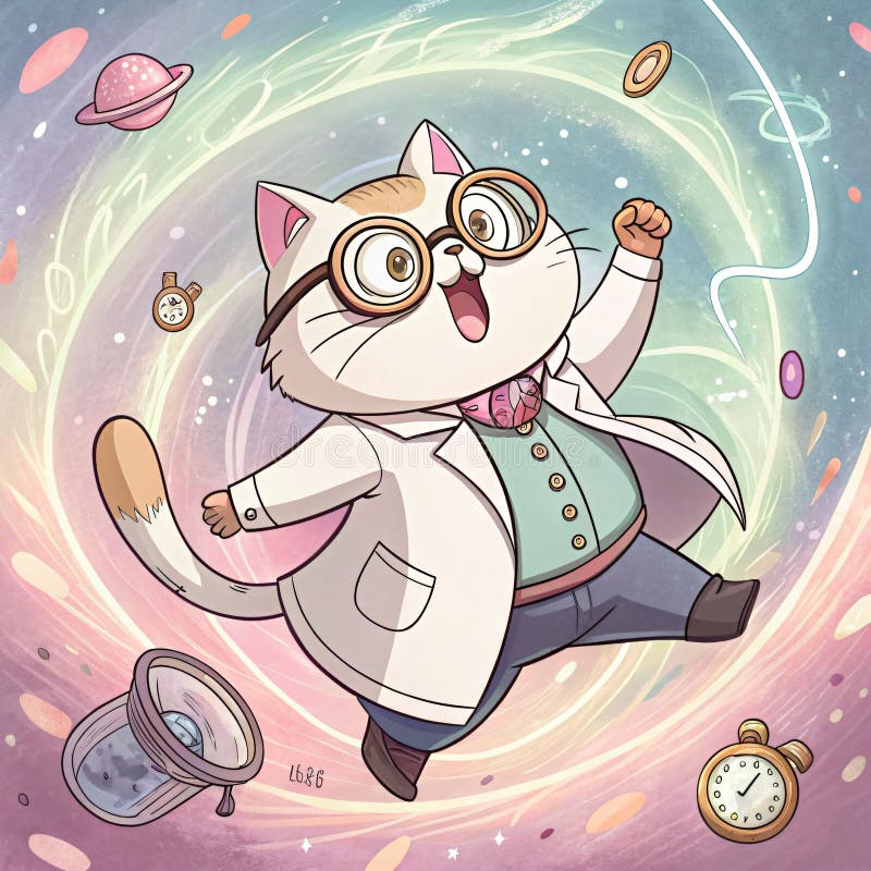 Whimsical Cartoon Cat Scientist in Motion Stock Illustration ...