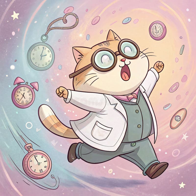 Whimsical Cartoon Cat Scientist in Motion Stock Illustration ...