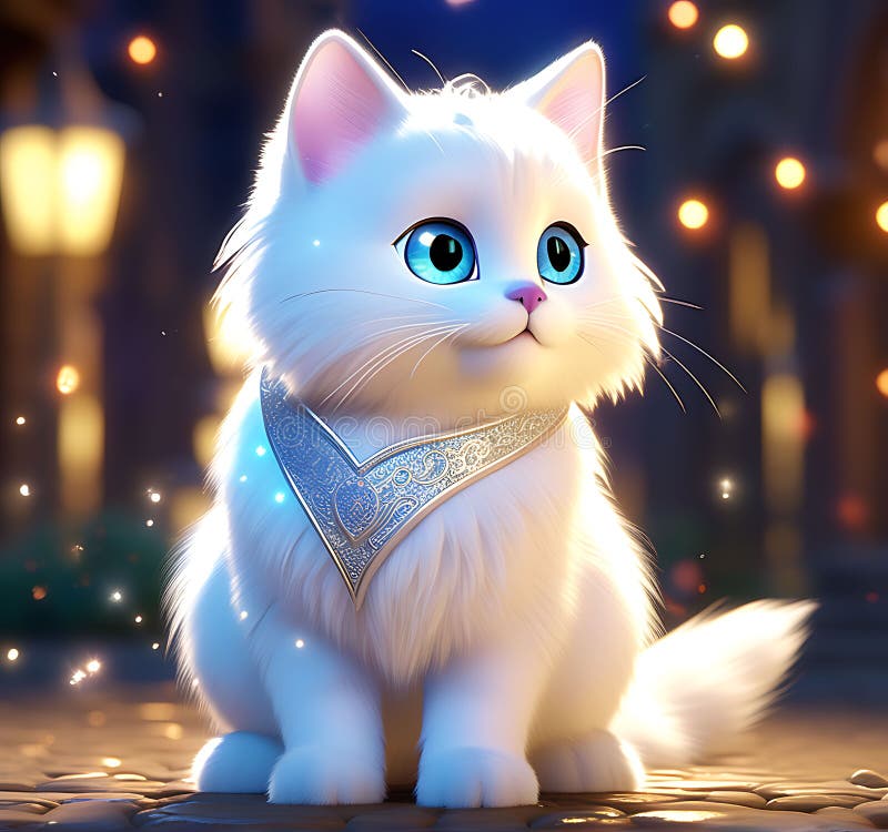 Whimsical Cartoon Character: White Cat with a Silver Coat and Sparkling ...
