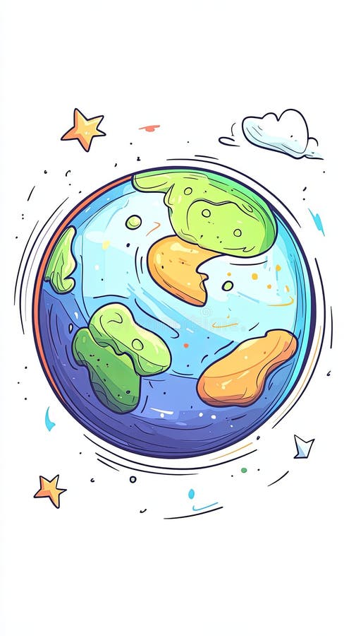 Whimsical Cartoon Earth Illustration with Stars and Clouds Stock ...