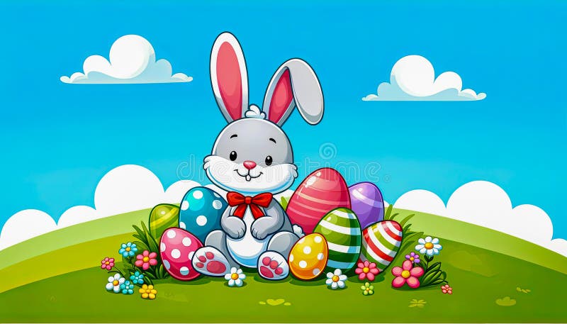 Whimsical Cartoon of the Easter Bunny Smiling and Holding an Easter Egg ...