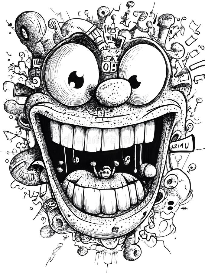 Whimsical Cartoon Face with Exaggerated Features and Patterns Stock ...