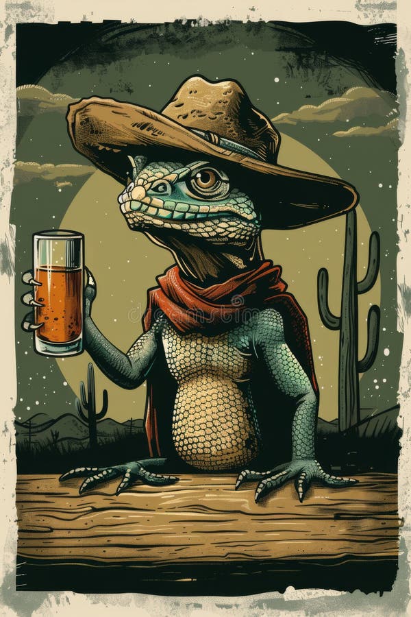 Whimsical Cartoon Lizard in Cowboy Hat Holding Drink in Desert Setting ...