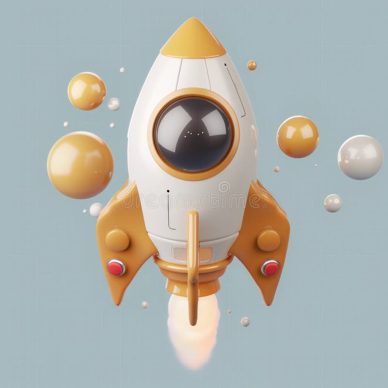 Whimsical Cartoon Rocket Launching into Space on Blue Background Stock ...