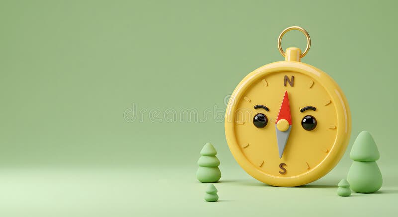3D Smiling Yellow Compass with Red Needle on Green Background Stock ...
