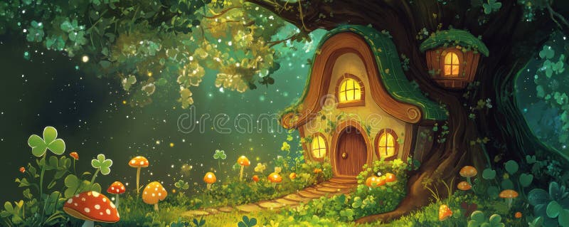 Whimsical Cartoon-style Illustration of a Charming Treehouse in a ...