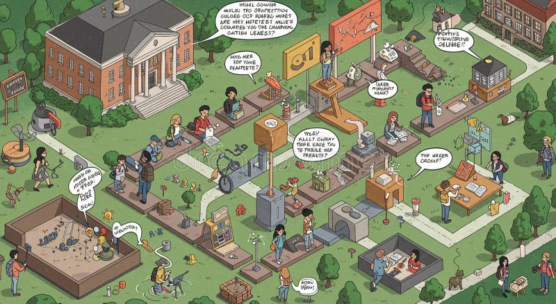 A Whimsical Cartoon-style Illustration Depicting a University Campus ...
