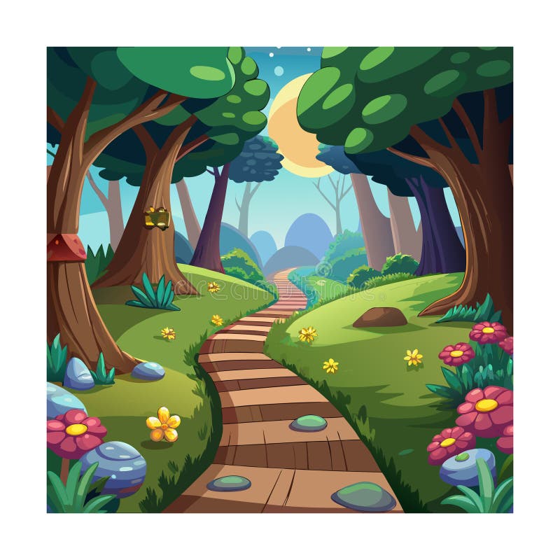 Pathway into Enchanted Forest in Cartoon Style Stock Vector ...