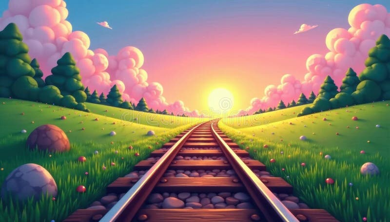 Whimsical Cartoon Train Tracks Receding To Horizon , Illustration ...