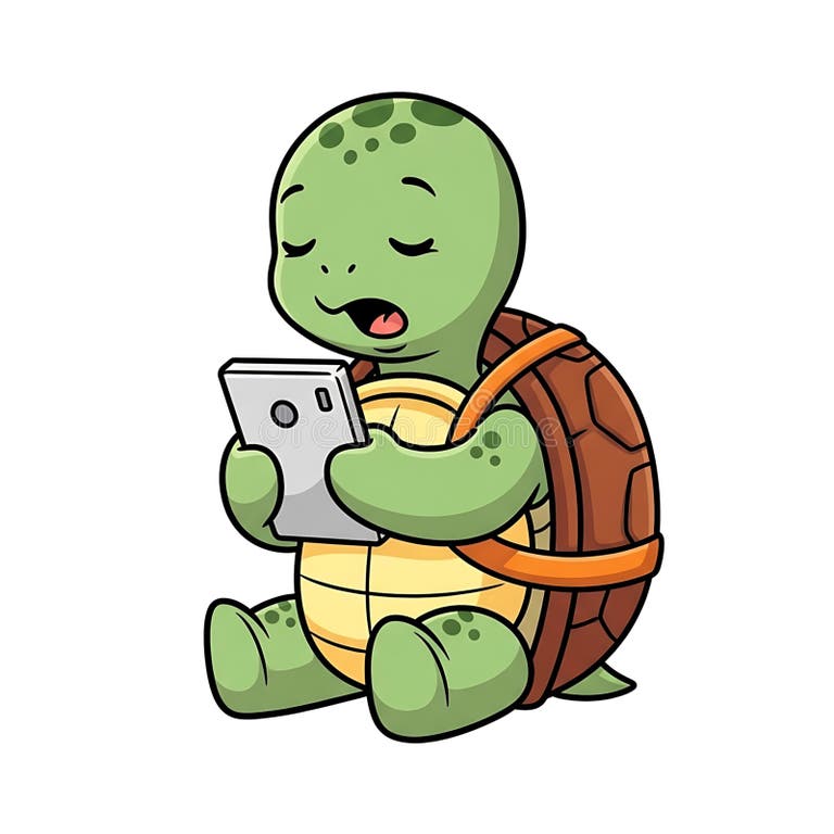 A Whimsical, Cartoon Turtle Rests while Absorbed in a Mobile Device ...