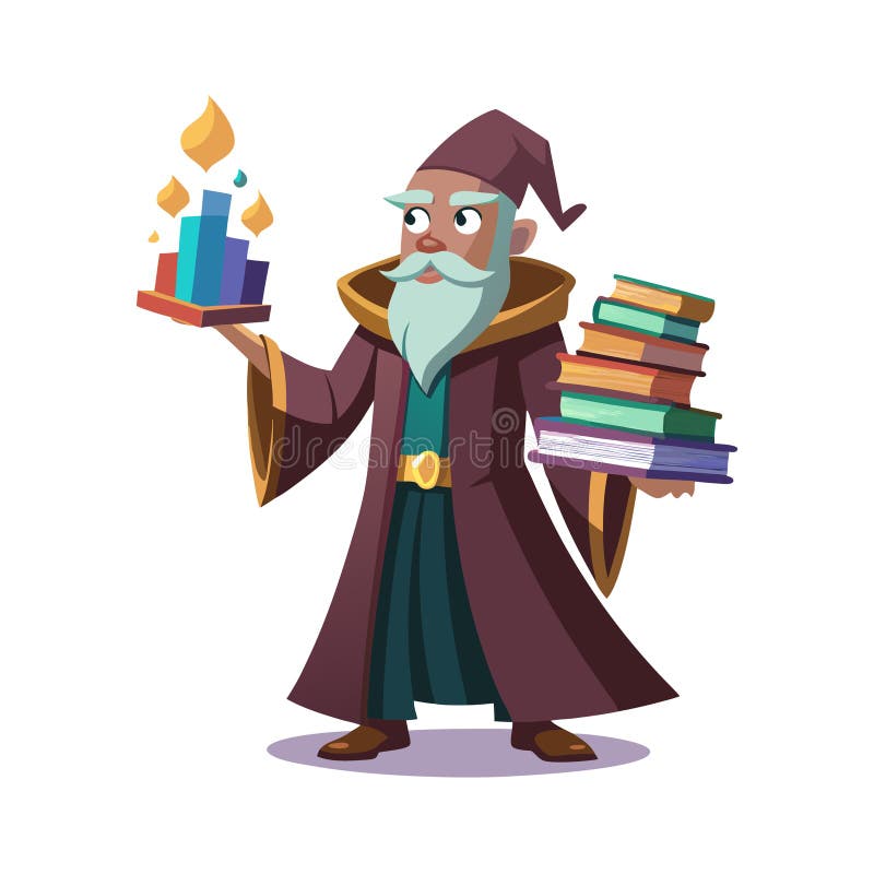 Cartoon Wizard with Books and Magical Stacked Blocks Vector Illustration Stock Vector ...