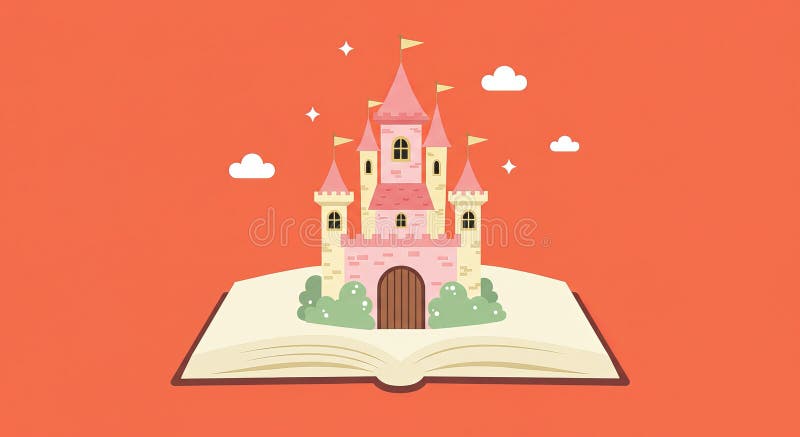 Whimsical Castle Emerging from Open Book on Vibrant Orange Background ...