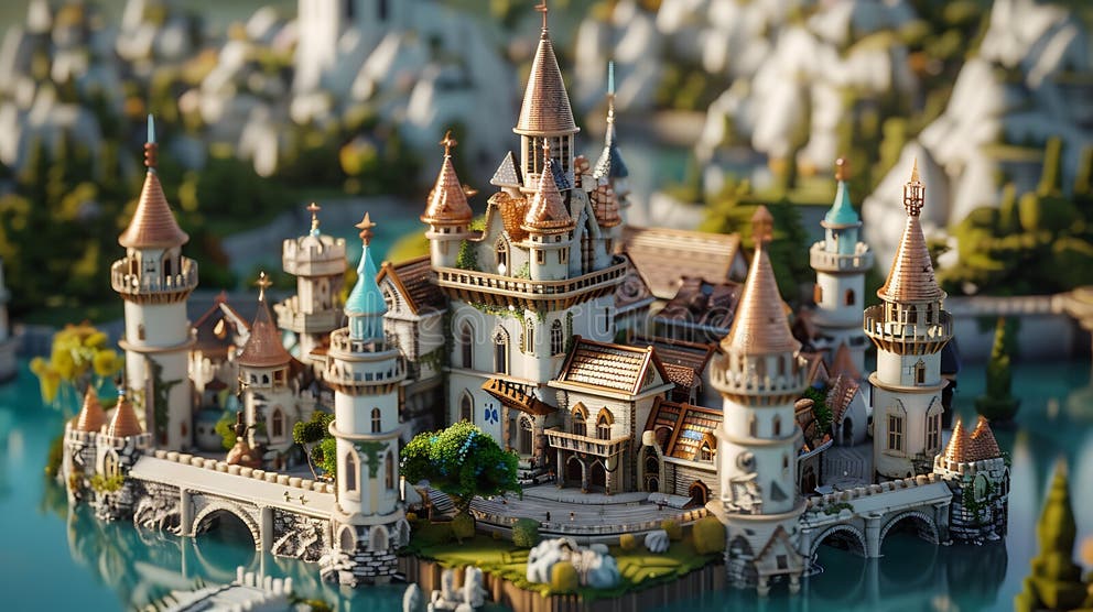 Whimsical Castle with Multiple Towers and a Drawbridge, Surrounded by a ...