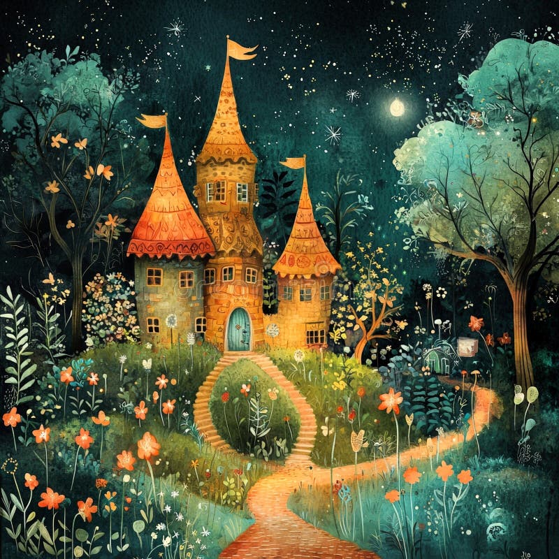 Whimsical Castle Surrounded by Blooming Flowers Stock Illustration ...