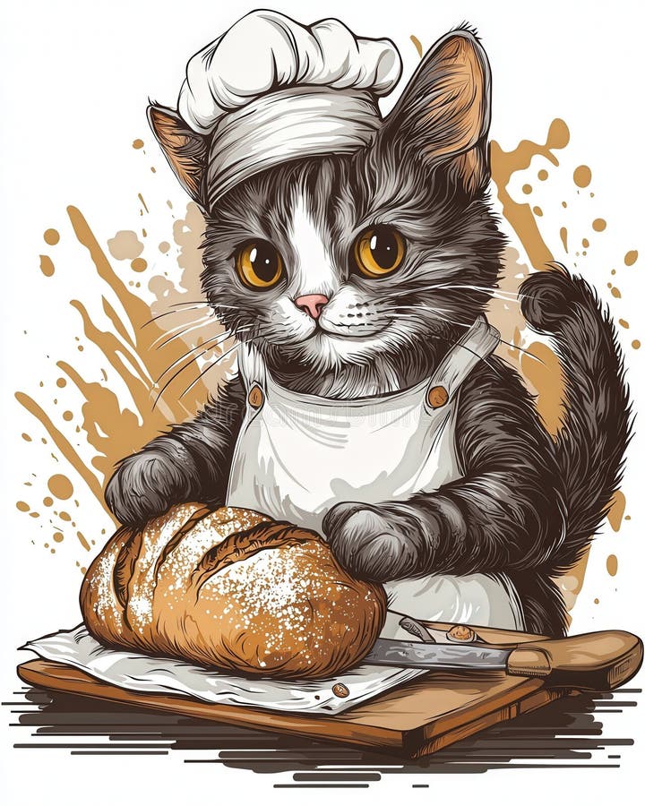 Whimsical Cat Chef Expertly Baking Bread in a Cozy Kitchen Setup ...