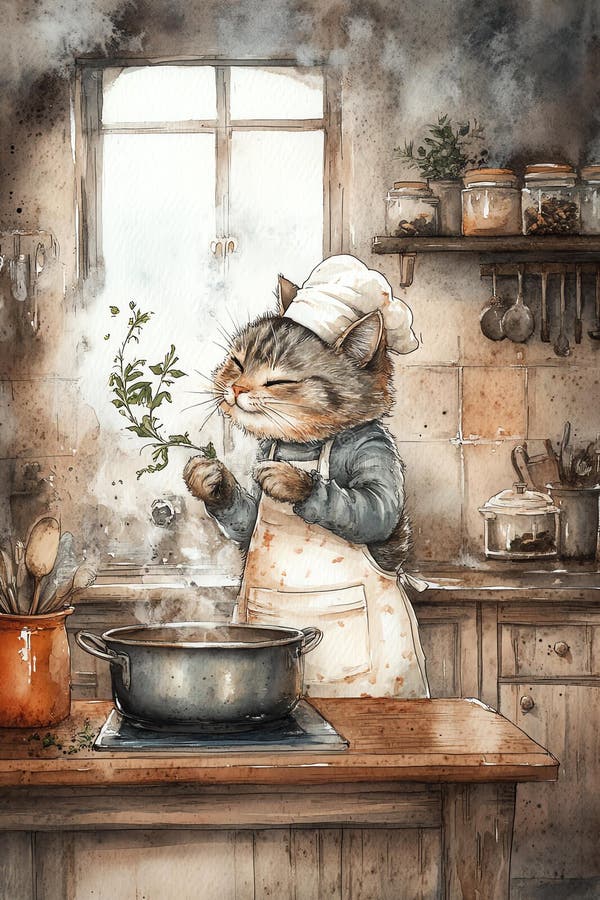 A Whimsical Cat Chef Happily Cooking in a Cozy Kitchen Stock ...
