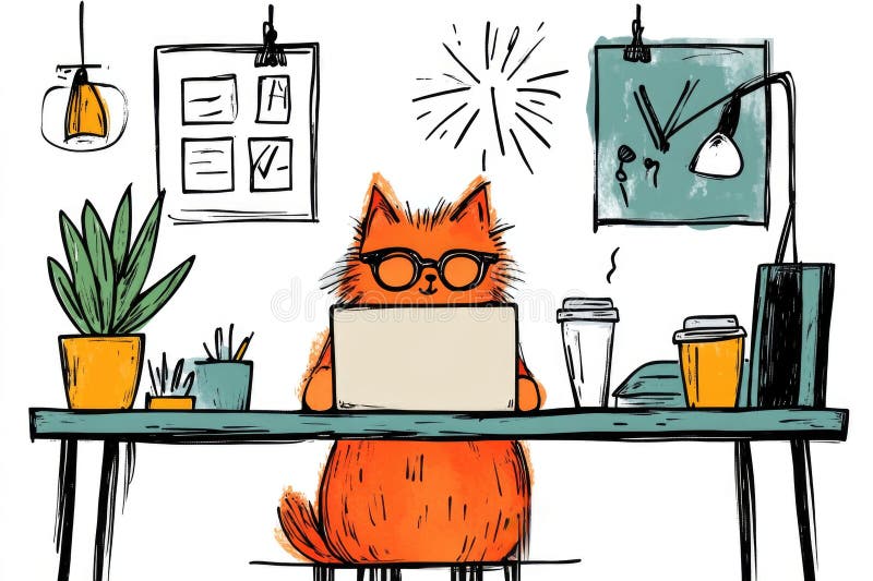 Whimsical Cat in Glasses Working at Desk with Coffee. AI Stock ...