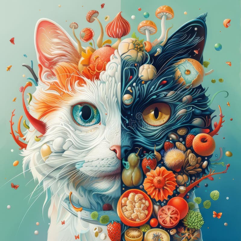 Whimsical Cat Illustration with Organic Elements on a Light Background ...