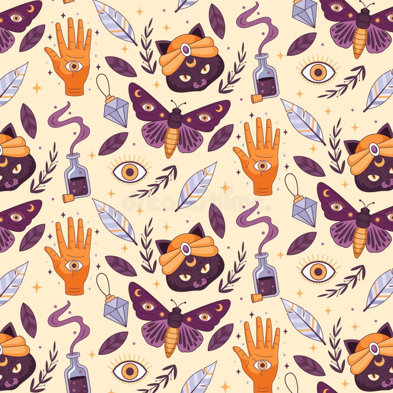Whimsical Cat and Moth Pattern Stock Illustration - Illustration of ...
