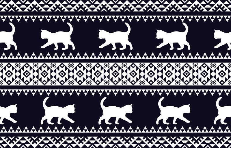 Whimsical Cat Silhouette Pattern on Geometric Ethnic Background Stock ...