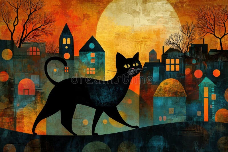 Whimsical Cat Strolls through Vibrant Townscape at Sunset Stock Photo ...