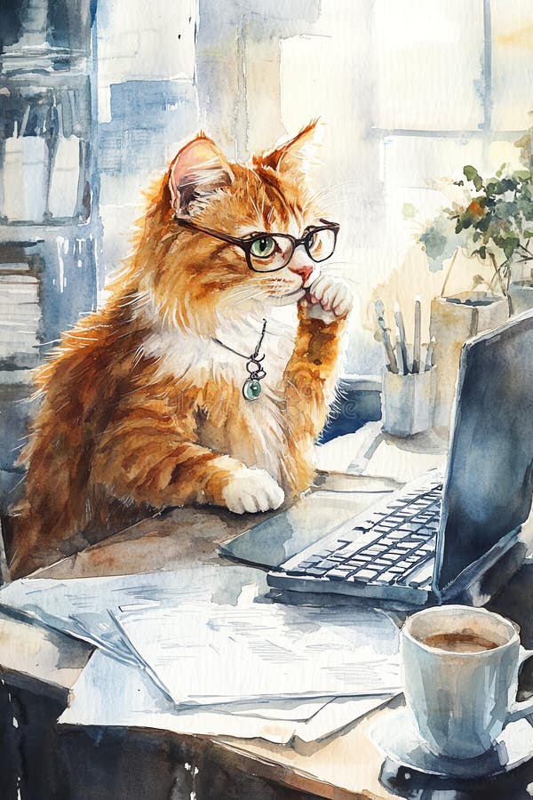 A Whimsical Cat Wearing Glasses Working on a Laptop Stock Illustration ...