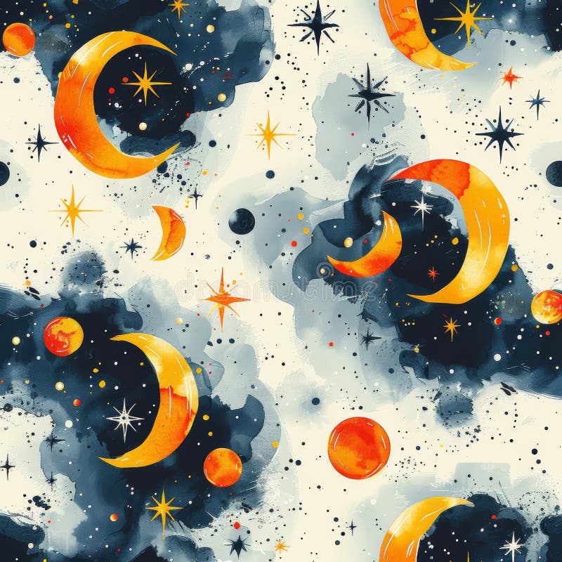 A Whimsical Celestial Pattern with Moons, Stars, and Planets on a White ...