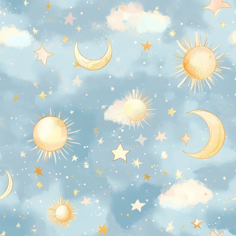 A Whimsical Celestial Pattern, Where Golden Sun Circles and Glowing ...