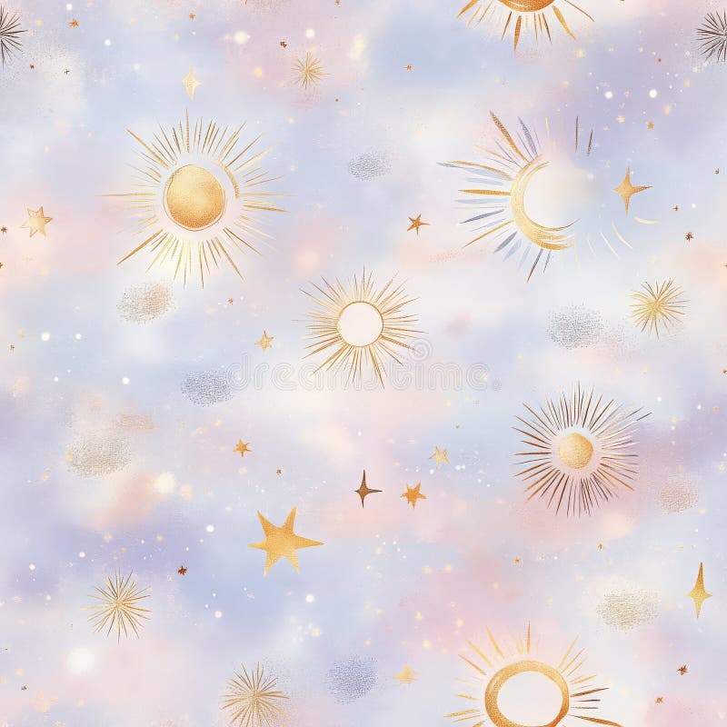 A Whimsical Celestial Pattern, Where Golden Sun Circles and Glowing ...