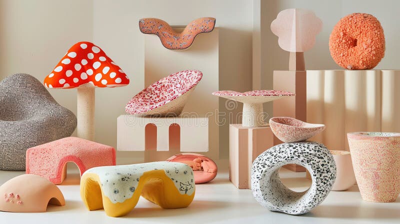 Whimsical Ceramic Sculptures in a Minimalist Studio Setting Stock ...