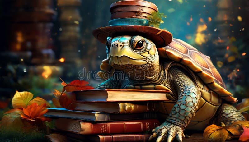 Turtle with a Top Hat Sitting on Books Stock Illustration ...