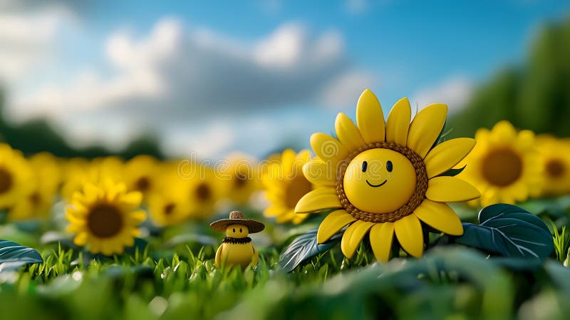 Chibi Style Sunflower Field with Scarecrow in Aesthetic on Clean White ...