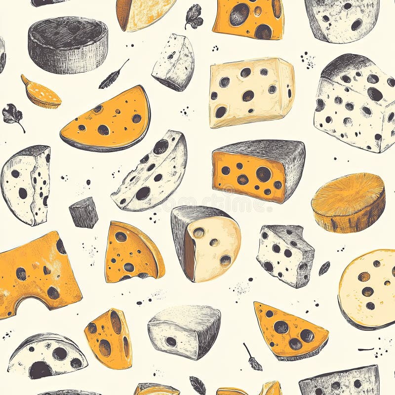 Whimsical Cheese Pattern Featuring Various Cheese Types and Shapes ...