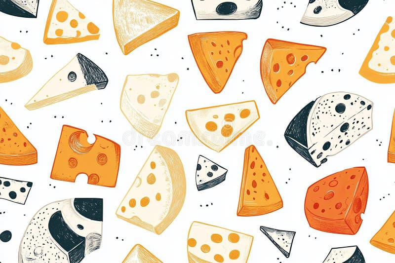 Whimsical Cheese Pattern with Various Cartoon Style Cheese Pieces Stock ...