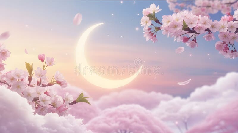 Whimsical Cherry Blossom Night with Crescent Moon and Falling Petals ...