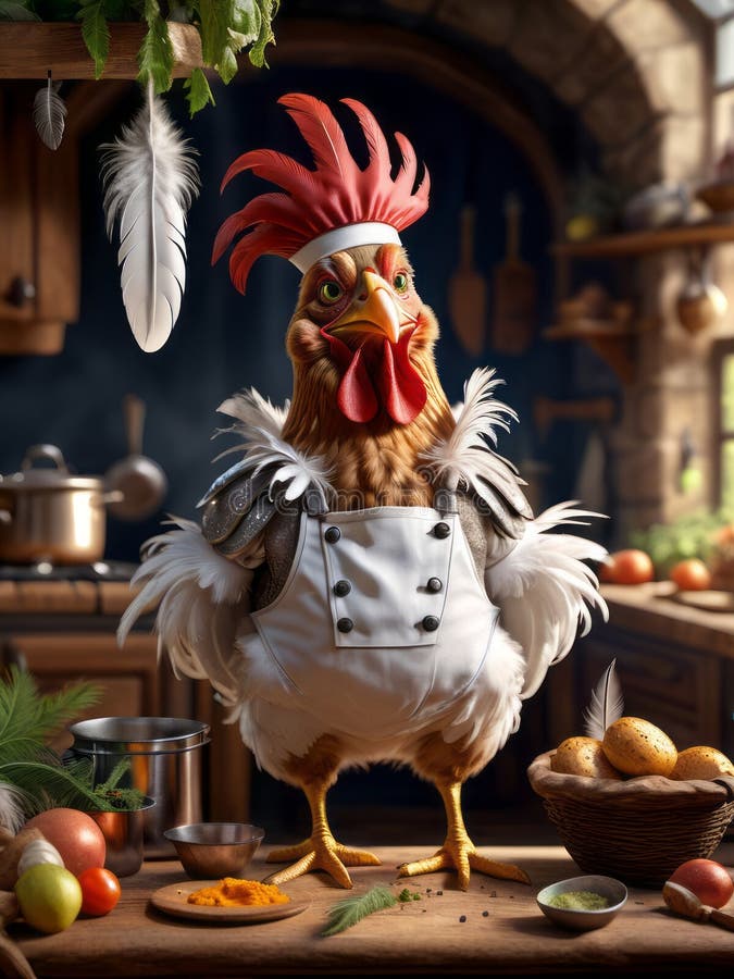 Whimsical Chicken Dressed As a Chef in a Rustic Kitchen Setting Stock ...