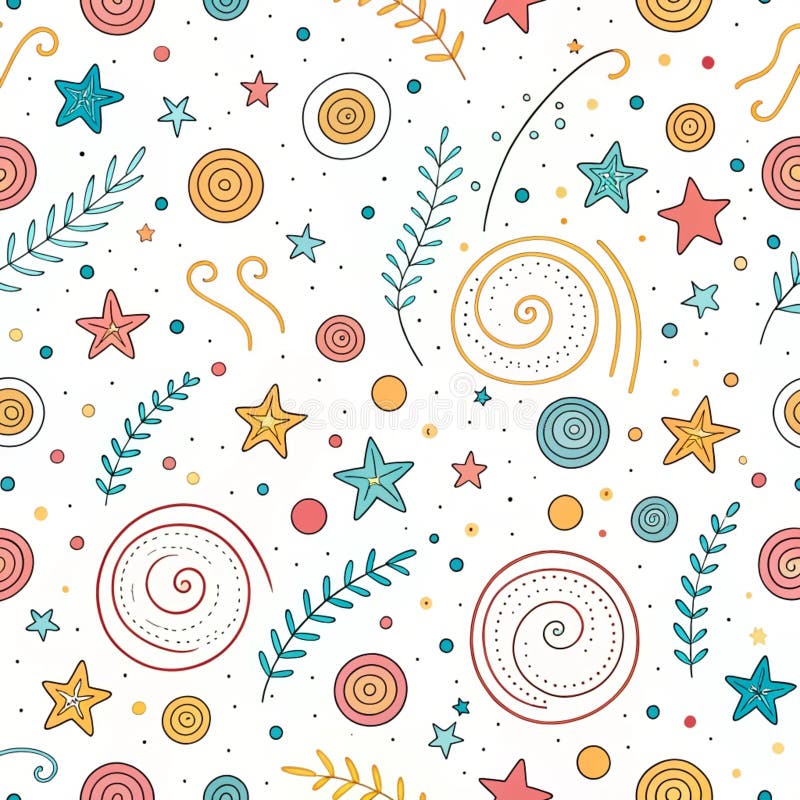 Whimsical, Childlike Pattern with Stars, Swirls, and Leaves Stock ...