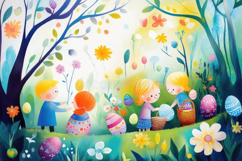 Whimsical Children Gathering Easter Eggs in Blooming Spring Garden ...